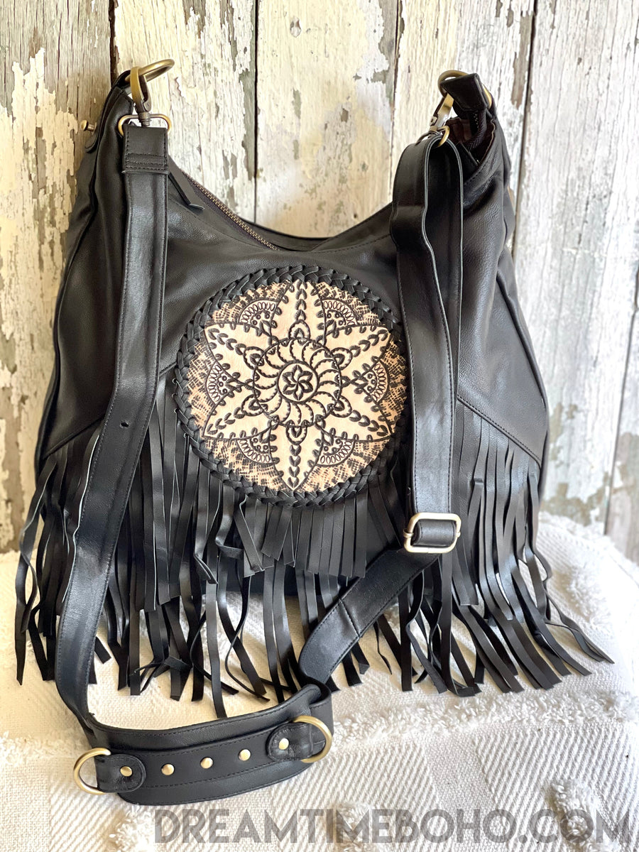 Leather Convertible Mandala Backpack/crossbody Fringed Boho Bag ...