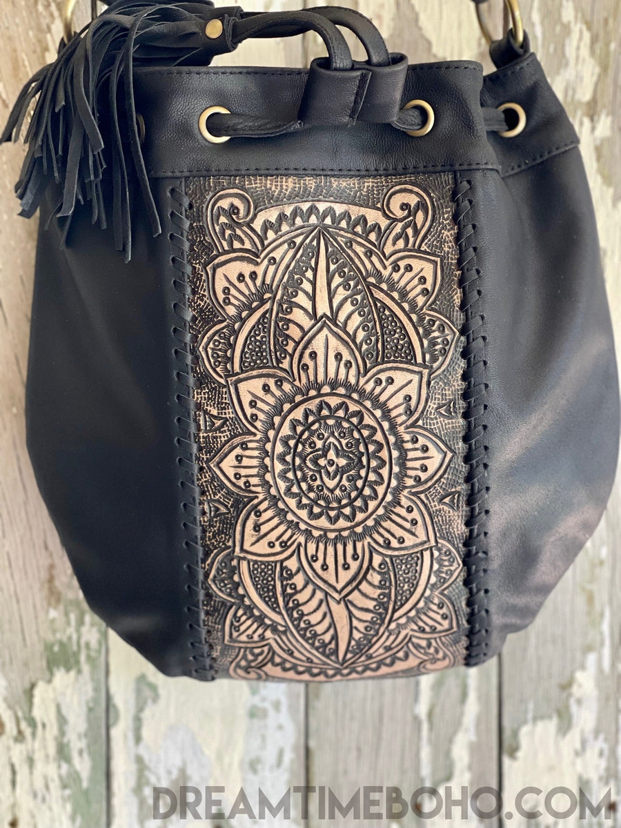 Hand Tooled Leather Crossbody Mandala Flower Boho Bag – Dreamtime Boho