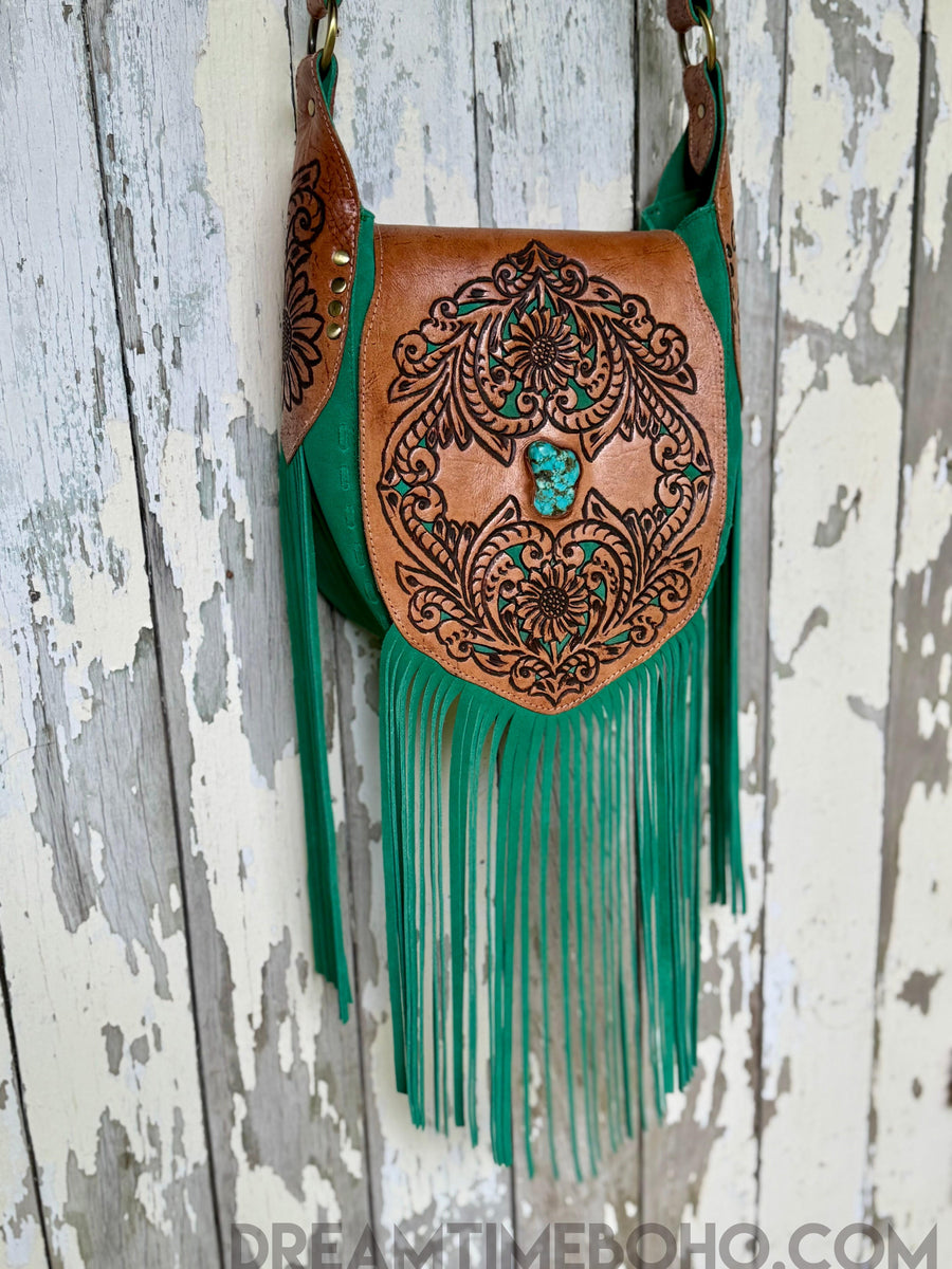 Emerald Green Suede Fringe Boho Leather Bag – Shakira – Dreamtime Boho