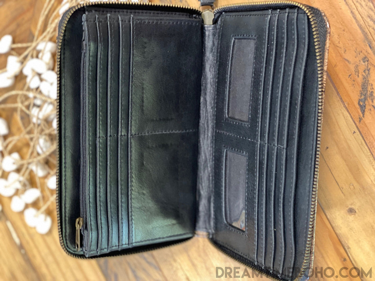 Liberty Large Hand Tooled Leather Boho Wallet Purse with Turquoise Sto ...